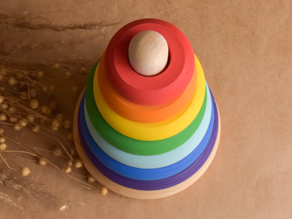 Wooden Ring Stacker Toy Rainbow Montessori Materials Learning ...