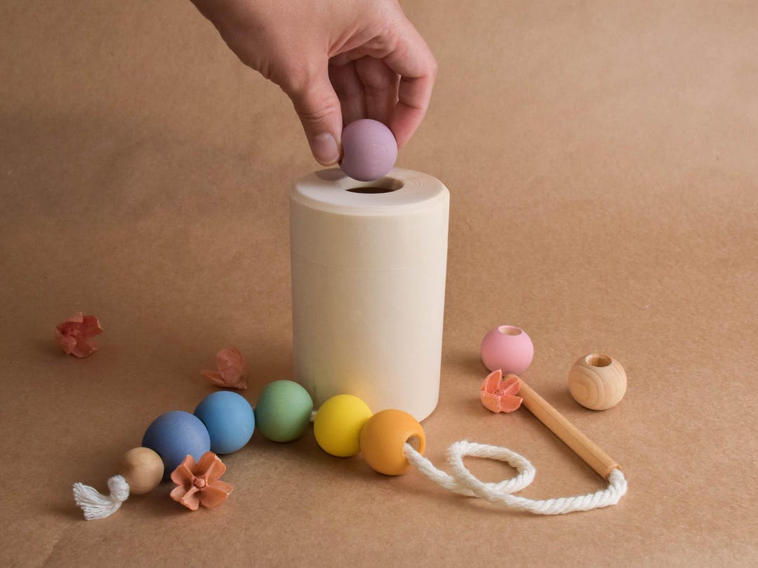 Wooden Lacing Toy Color Sorter Balls and Cylinder Set Pastel Rainbow ...