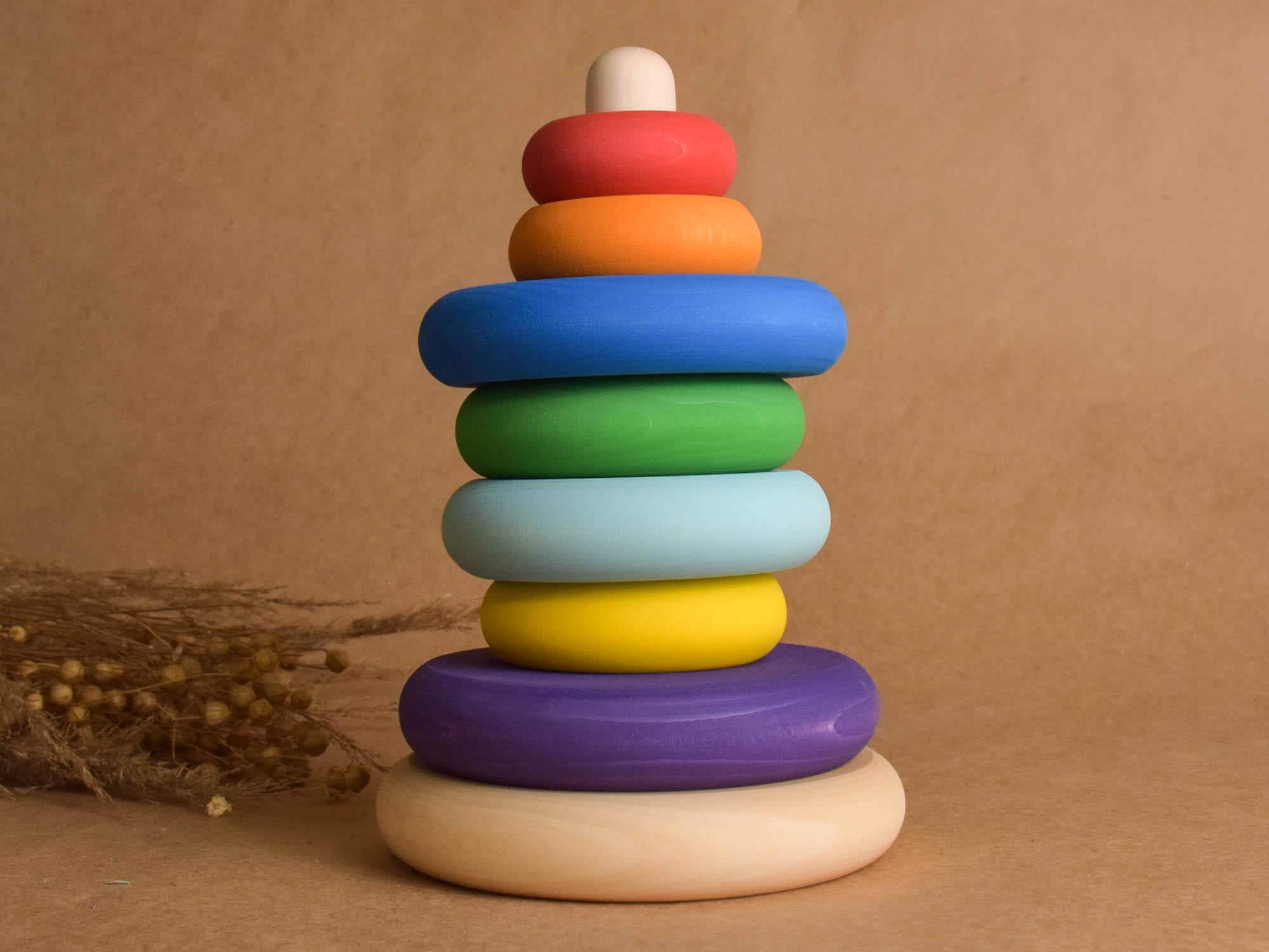 Wooden Ring Stacker Toy Rainbow Montessori Materials Learning ...