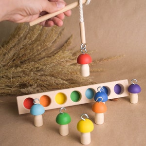 Color Sorting, Wooden Rainbow Toy Mushrooms on a Fishing Rod, Rainbow ...