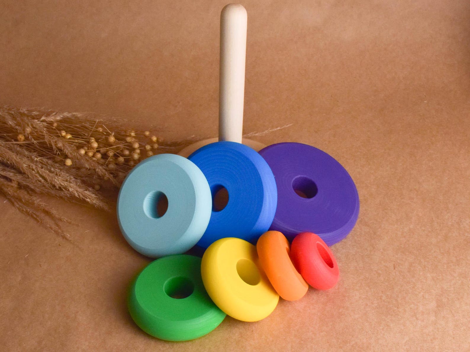 Wooden Ring Stacker Toy Rainbow Montessori Materials Learning ...