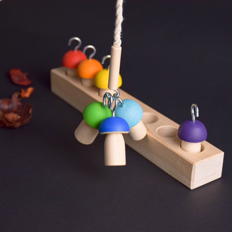 Color Sorting Wooden Rainbow Toy Mushrooms on a Fishing Rod - Etsy
