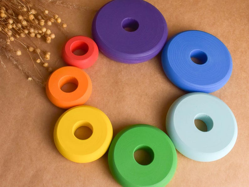 Wooden Ring Stacker Toy Rainbow Montessori Materials Learning ...