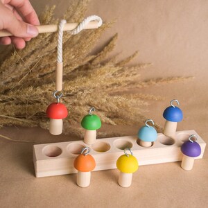 Color Sorting, Wooden Rainbow Toy Mushrooms on a Fishing Rod, Rainbow ...