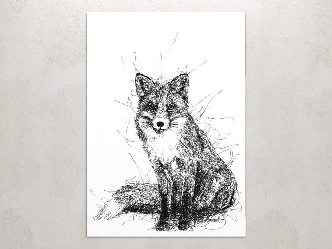 Red Fox A4 Art Print // Animal Scribble Ink Sketch Print // Black and ...