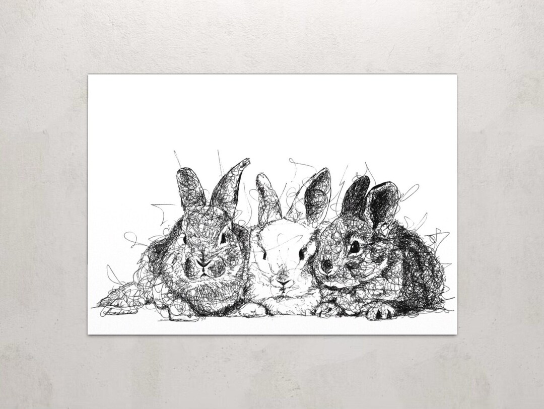 Bunny Rabbits A4 Art Print // Animal Scribble Ink Sketch Print // Black ...