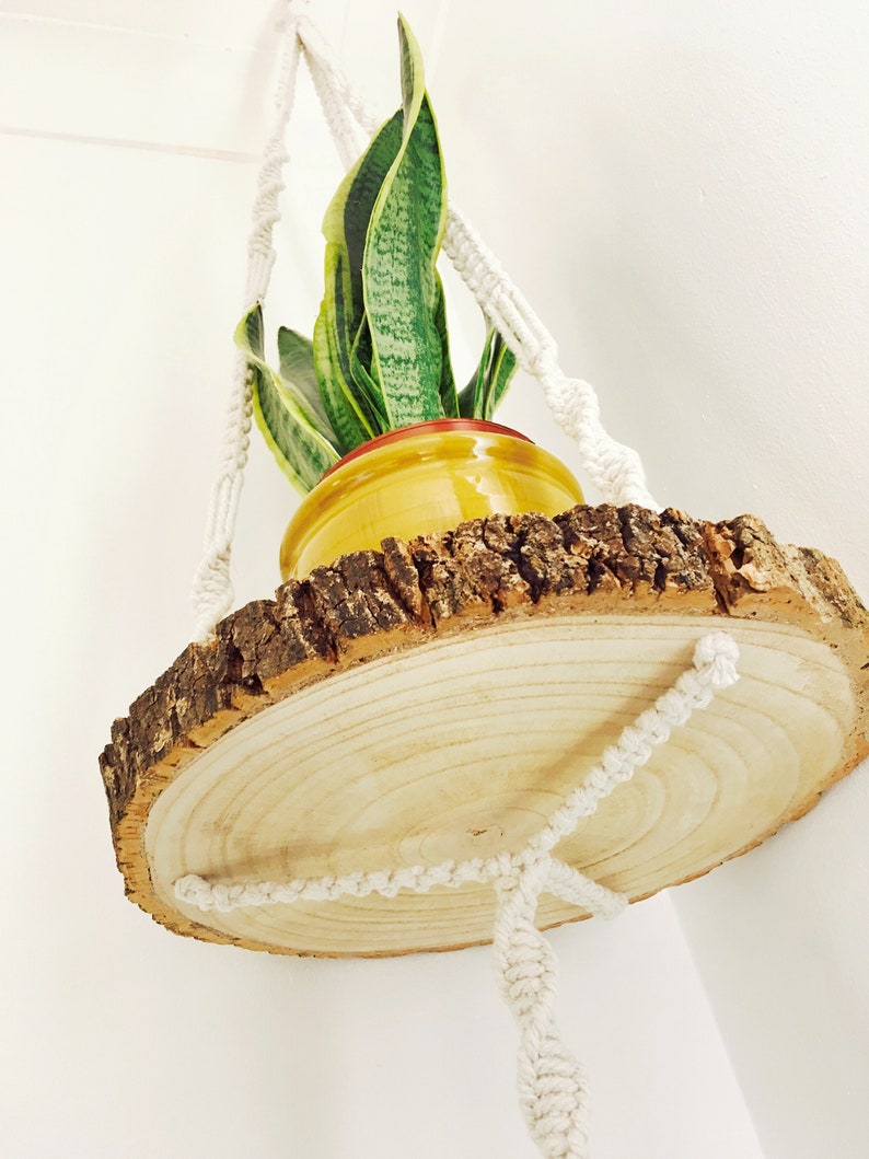 Large Rustic Round Wood Shelf Macrame Hanging Log Slice | Etsy