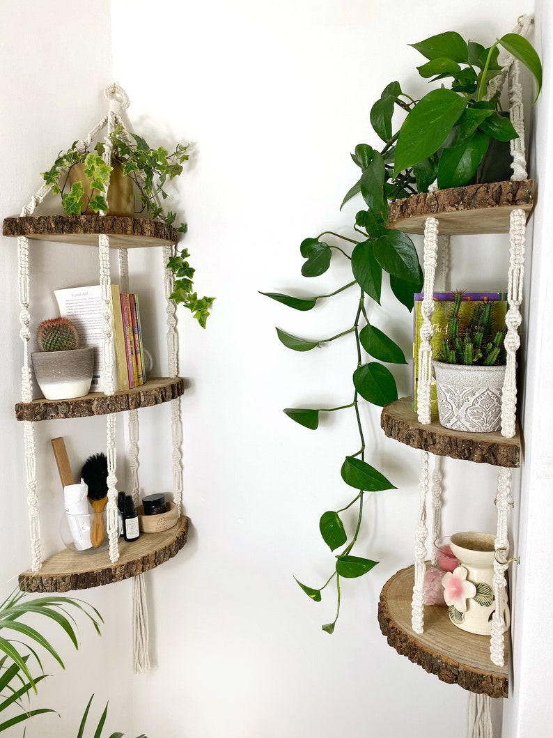 Triple 3 Tier Wooden Corner Shelf Macrame Hanging Log Slices - Etsy