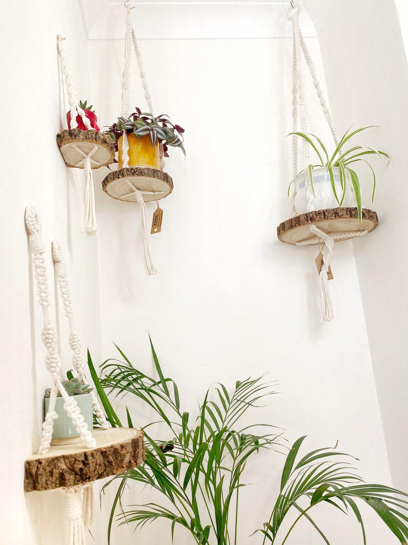 Large Rustic Round Wood Shelf Macrame Hanging Log Slice | Etsy