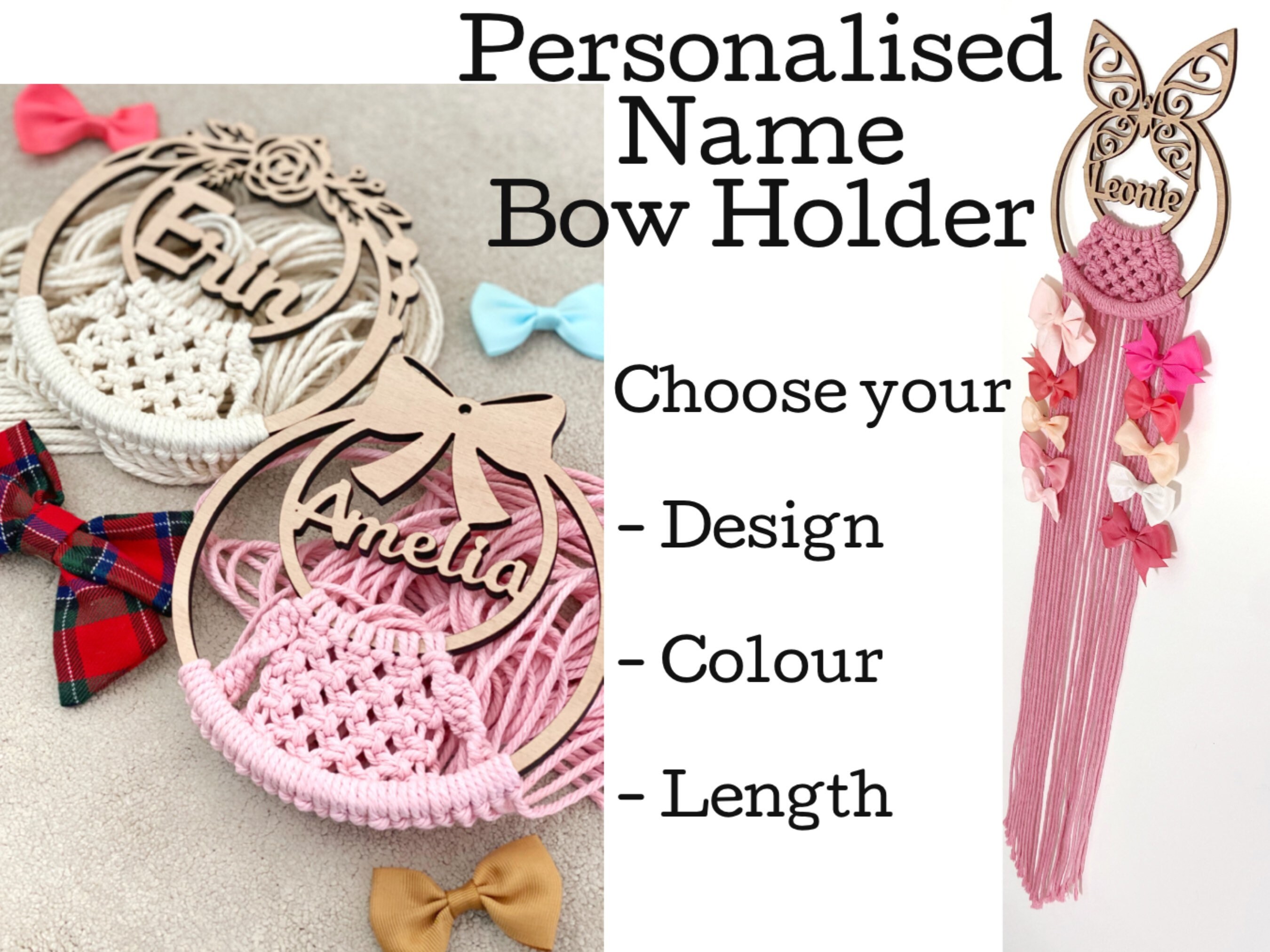 Personalised Name Bow Holder Wood Sign With Macrame Holds - Etsy UK