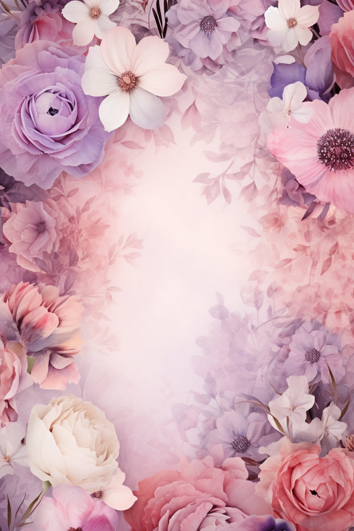 5 Fine Art Floral Digital Backdrops Pink and Purple Painted Flowers ...