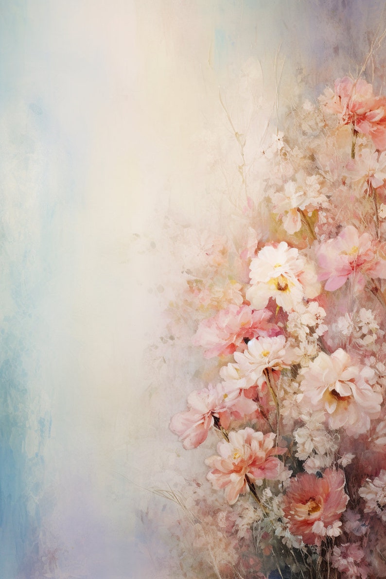Elegant Flower Digital Backdrop Set, Painted Flowers, Pink, Peach, White, Digital Background ...
