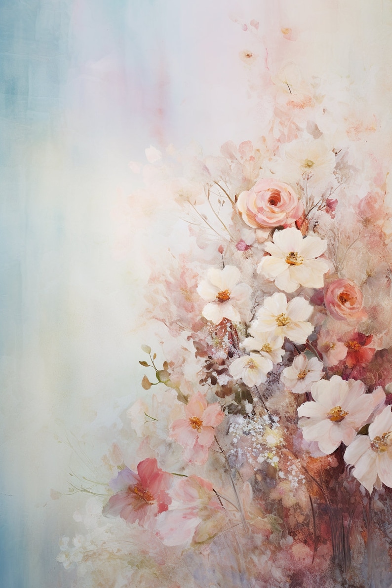 Elegant Flower Digital Backdrop Set, Painted Flowers, Pink, Peach, White, Digital Background ...