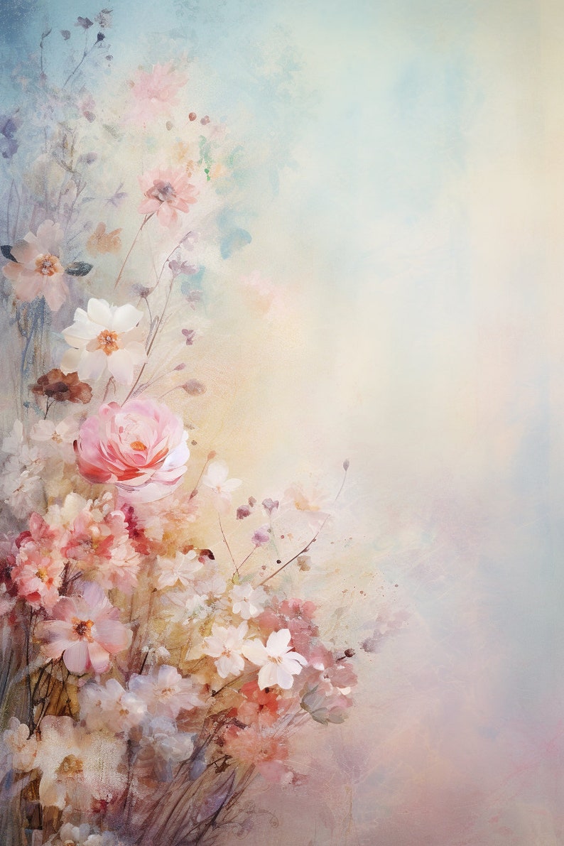 Elegant Flower Digital Backdrop Set, Painted Flowers, Pink, Peach, White, Digital Background ...