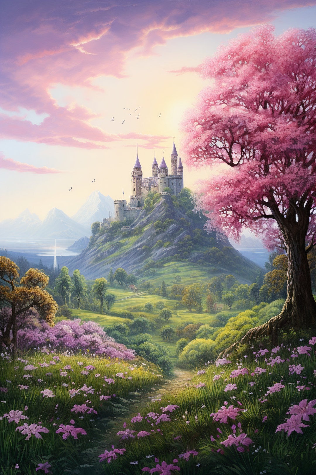 Fantasy Castle Digital Background, Pink Blossom Tree, Magical Castle ...