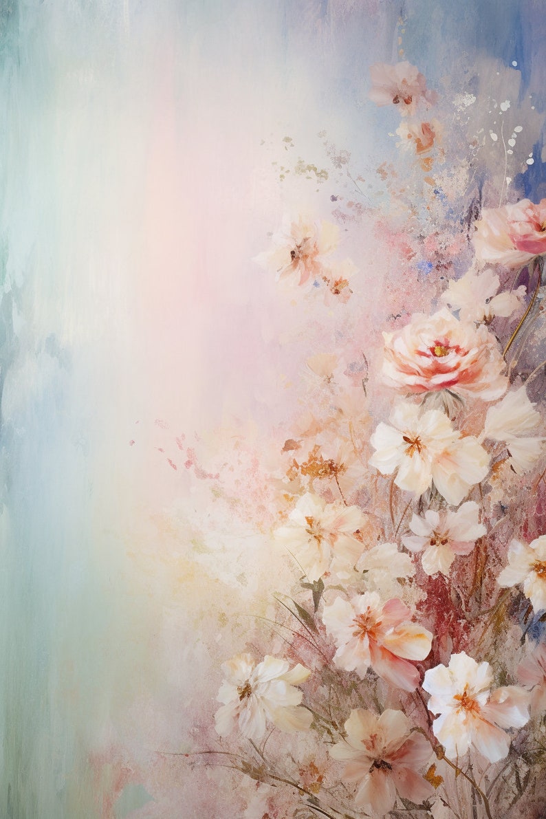 Elegant Flower Digital Backdrop Set, Painted Flowers, Pink, Peach, White, Digital Background ...