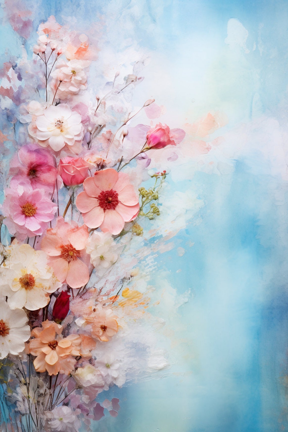Vibrant Flowers on a Brushed Blue Background Digital Backdrop Set ...