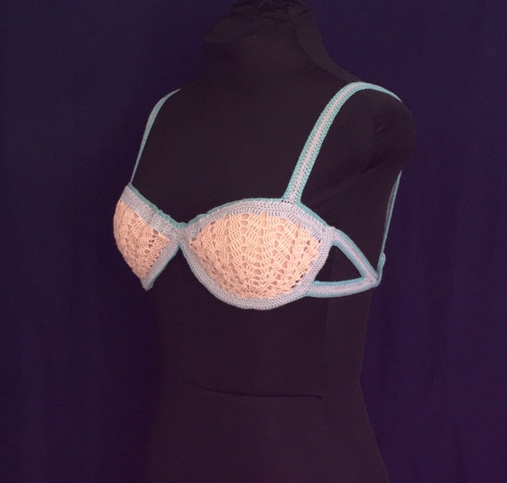 Two Way Crochet Bi-kini Peach Teal and Silver Handmade - Etsy