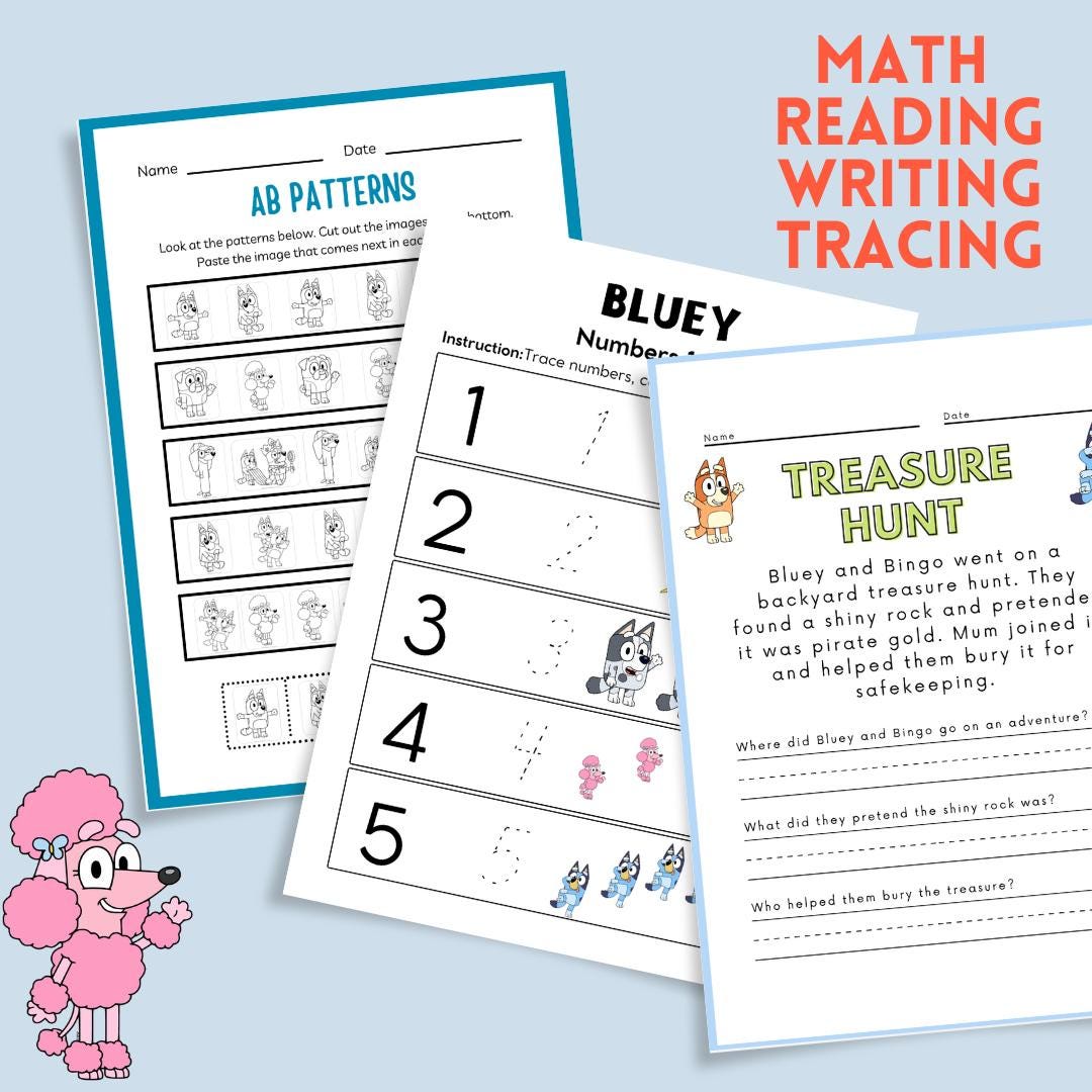 Bluey Academic Workbook-bluey Math-bluey Reading-bluey Worksheets for ...