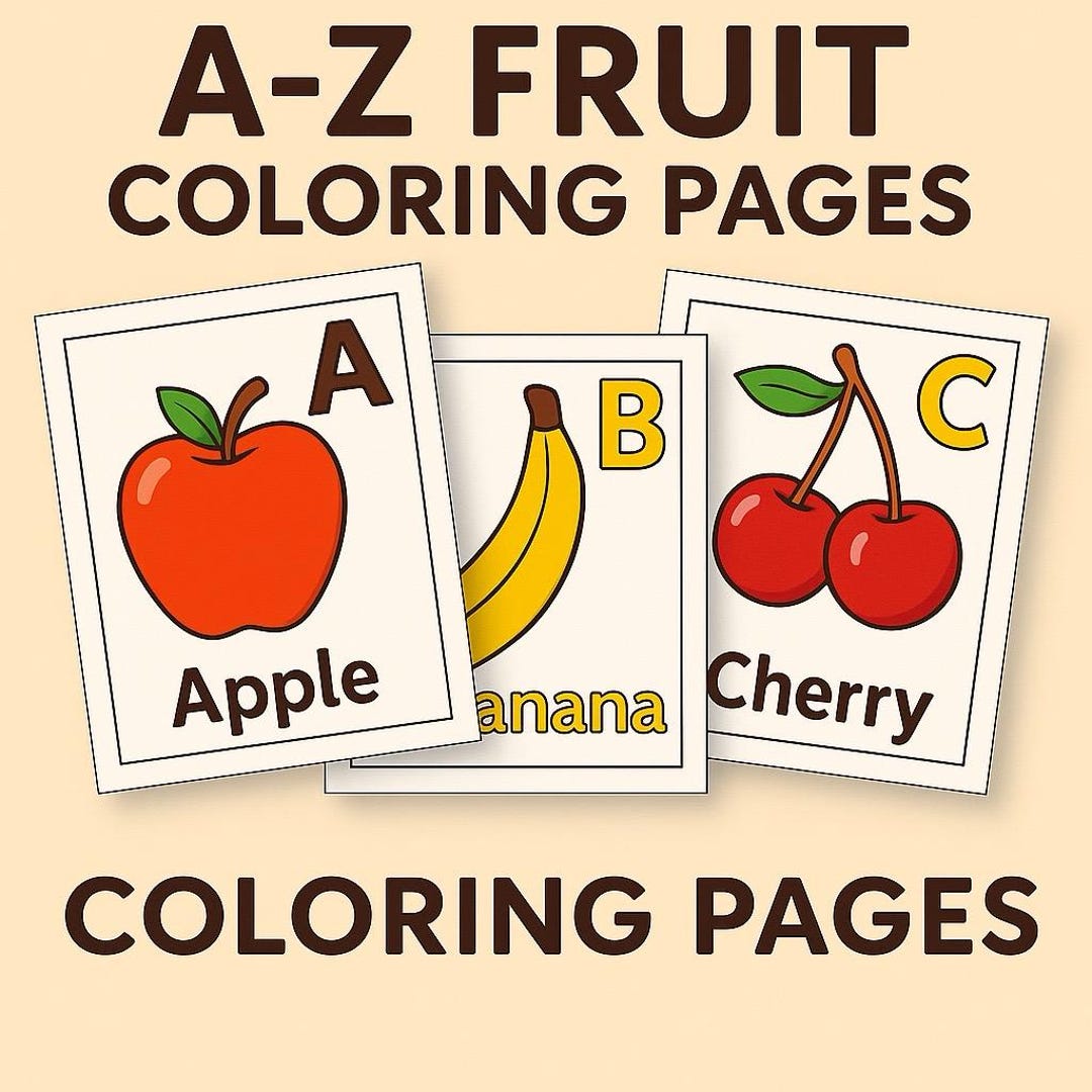A–Z Fruit Coloring Pages | 26 PNG + 14-page PDF (2 per Sheet ...