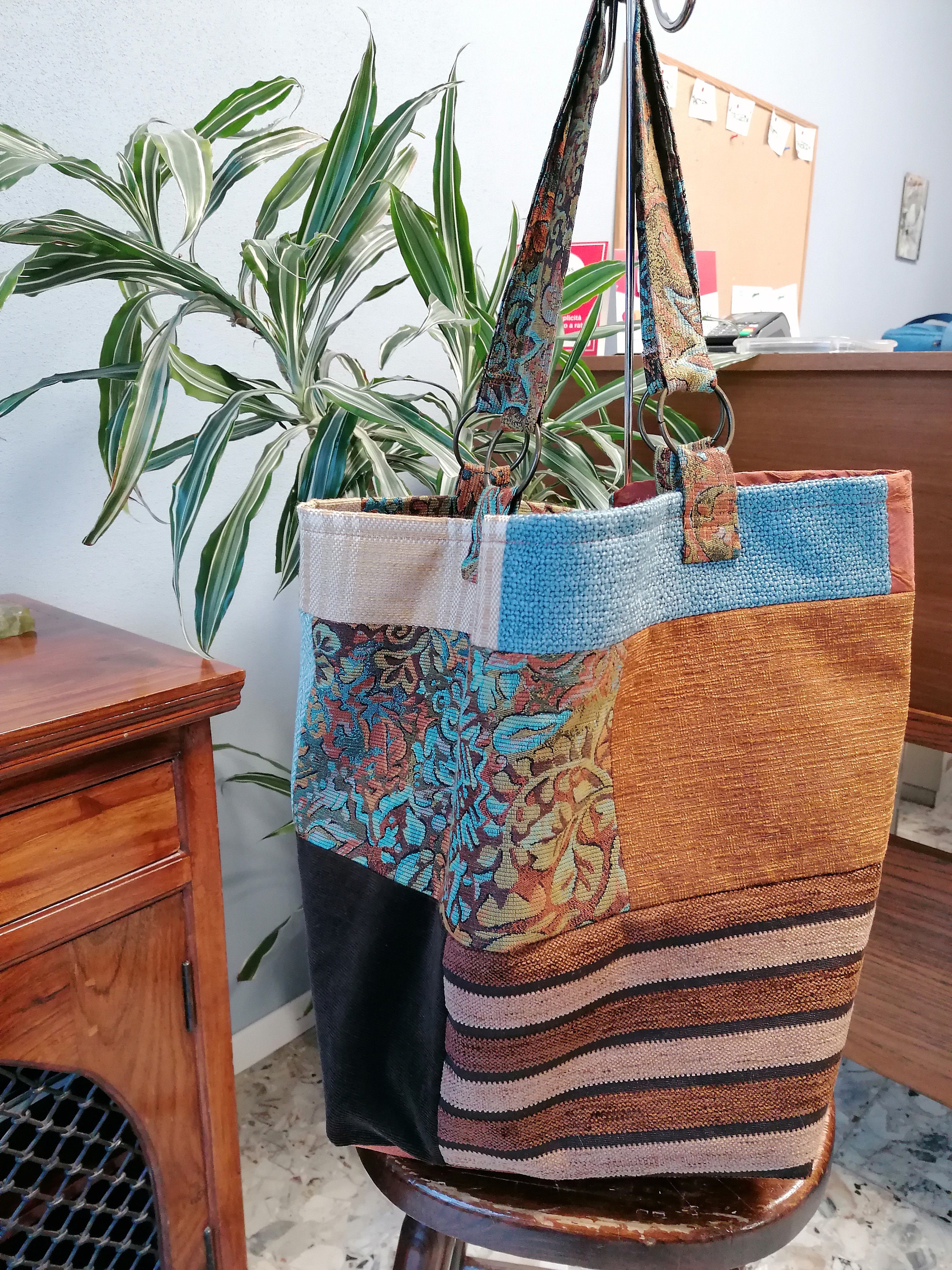 Handmade Patchwork Bag With Jacquard Furnishing Fabrics, Fabric Bag ...