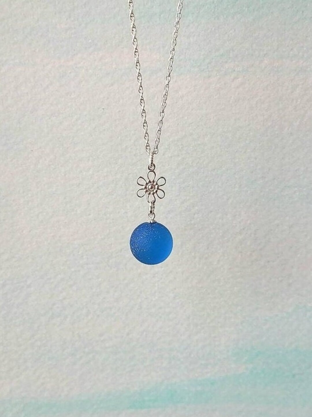 Genuine Cornflower Blue Seaglass Marble & Sterling Silver Flower Choker ...