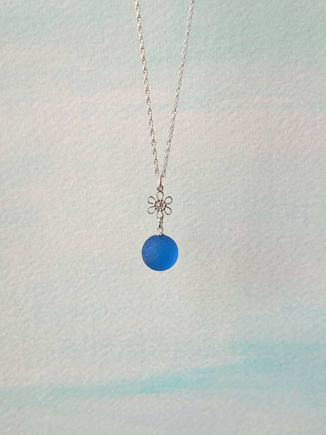 Genuine Cornflower Blue Seaglass Marble & Sterling Silver Flower Choker ...