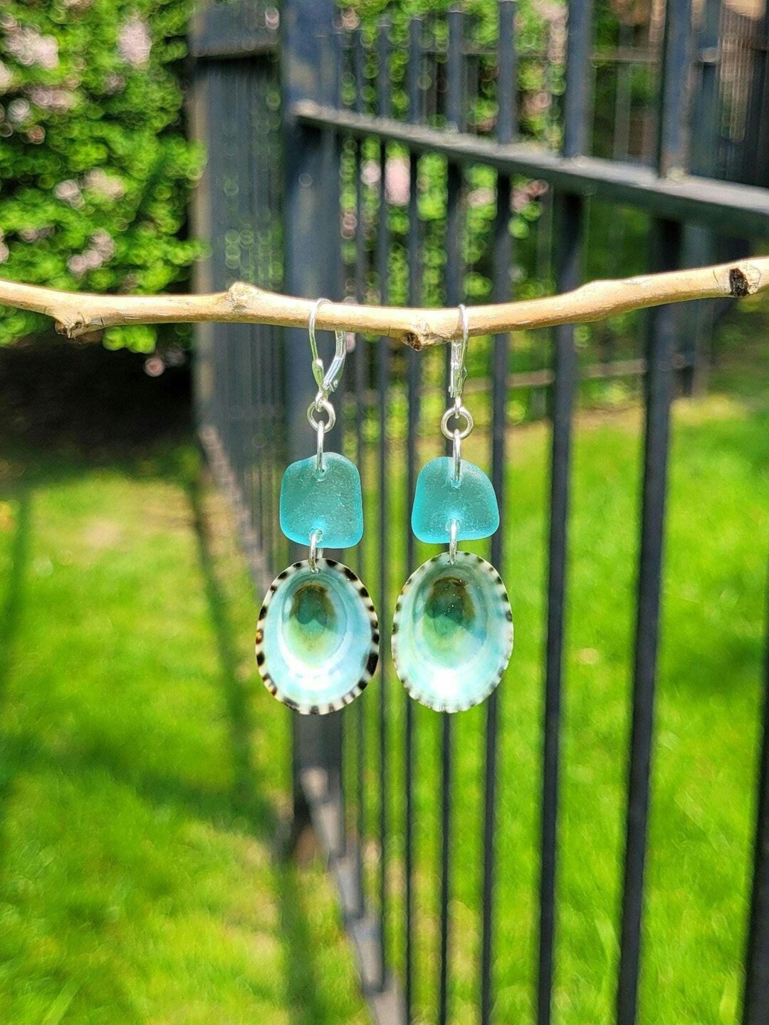 Genuine Aqua Blue Seaglass, Limpet Shell & Sterling Silver Earring/blue ...
