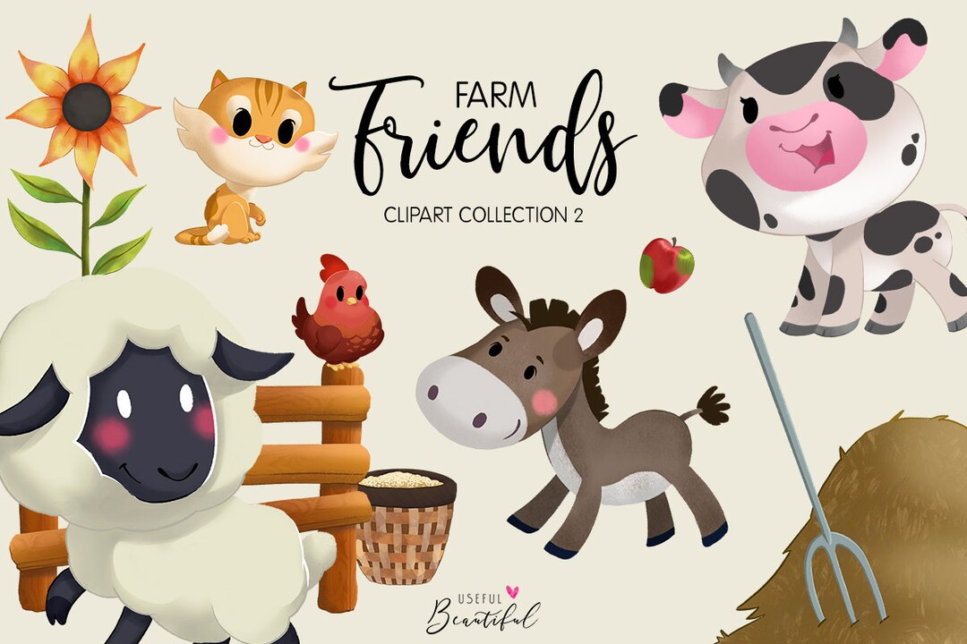 Farm Friends. Clipart, Sheep, Chicken, Cat, Cow, Donkey, Greeting ...