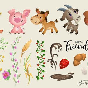 Farm Friends. Clipart, Horse, Duck, Dog, Pig, Goat, Greeting, Floral ...