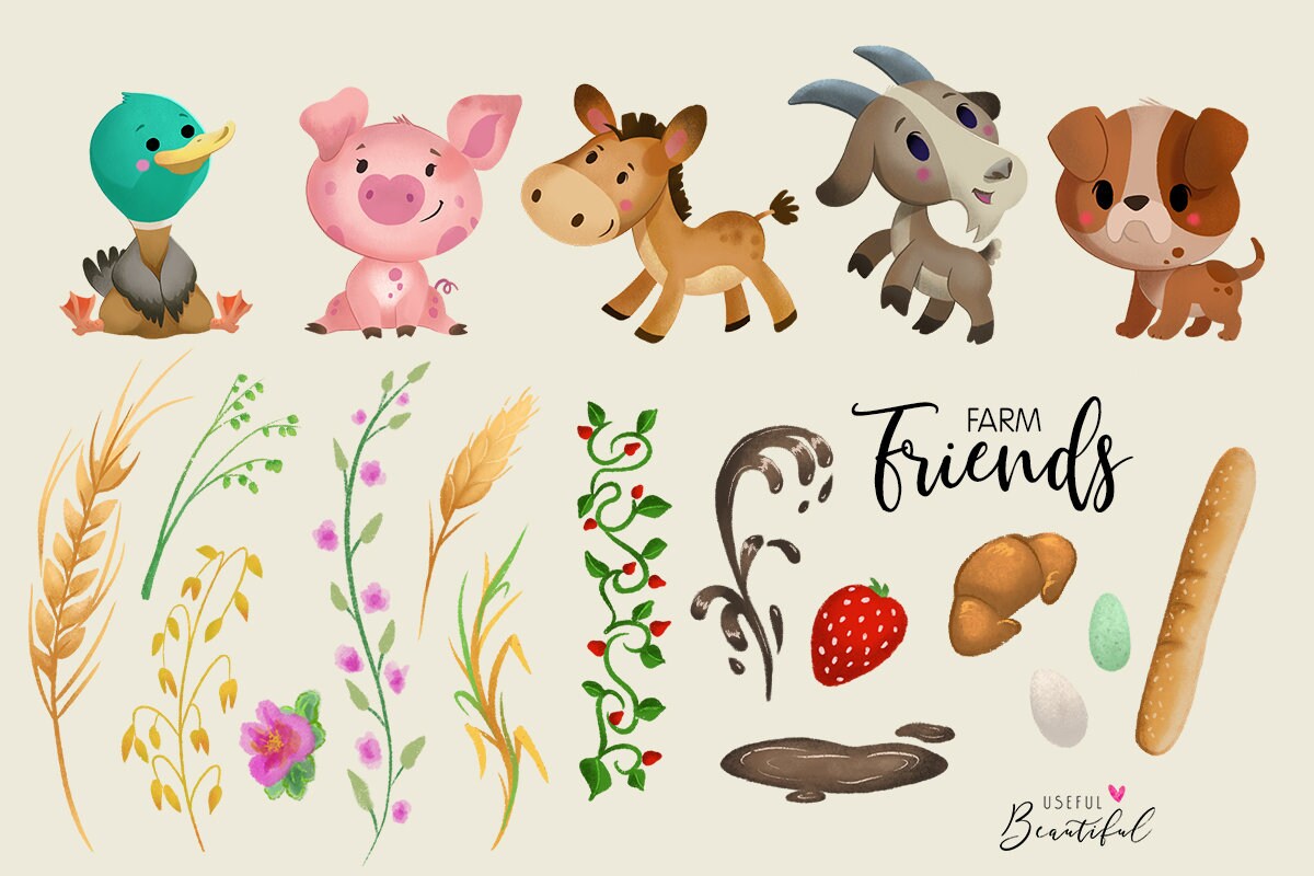Farm Friends. Clipart, Horse, Duck, Dog, Pig, Goat, Greeting, Floral ...