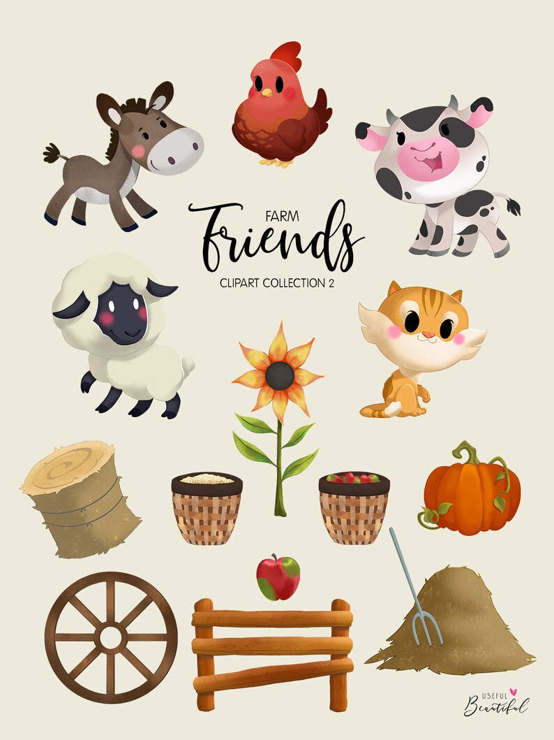 Farm Friends. Clipart, Sheep, Chicken, Cat, Cow, Donkey, Greeting ...