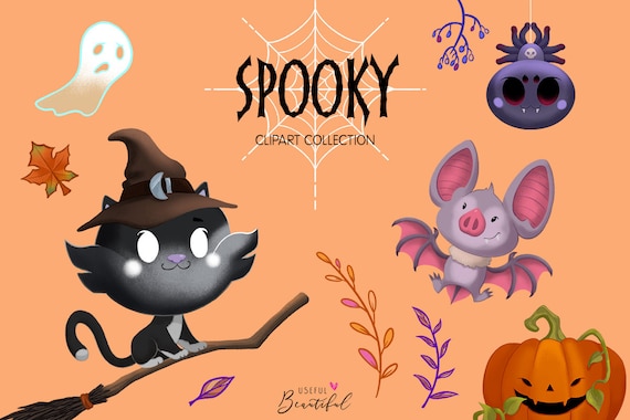 Spooky. Halloween Friends Clipart black cat spider bat | Etsy