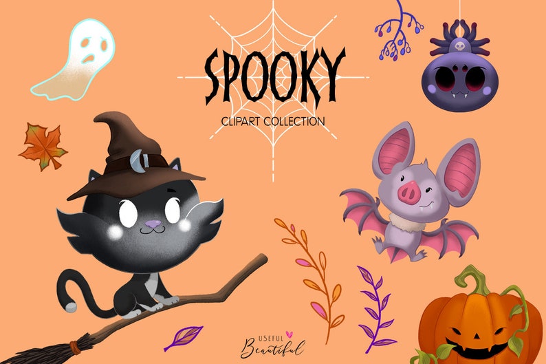 Spooky. Halloween Friends, Clipart, Black Cat, Spider, Bat, Witch ...