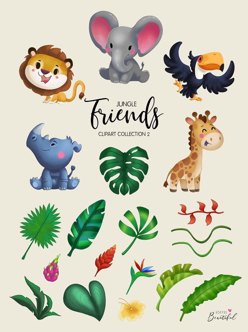 Jungle Friends. Clipart, Lion, Elephant, Toucan, Rhino, Giraffe ...
