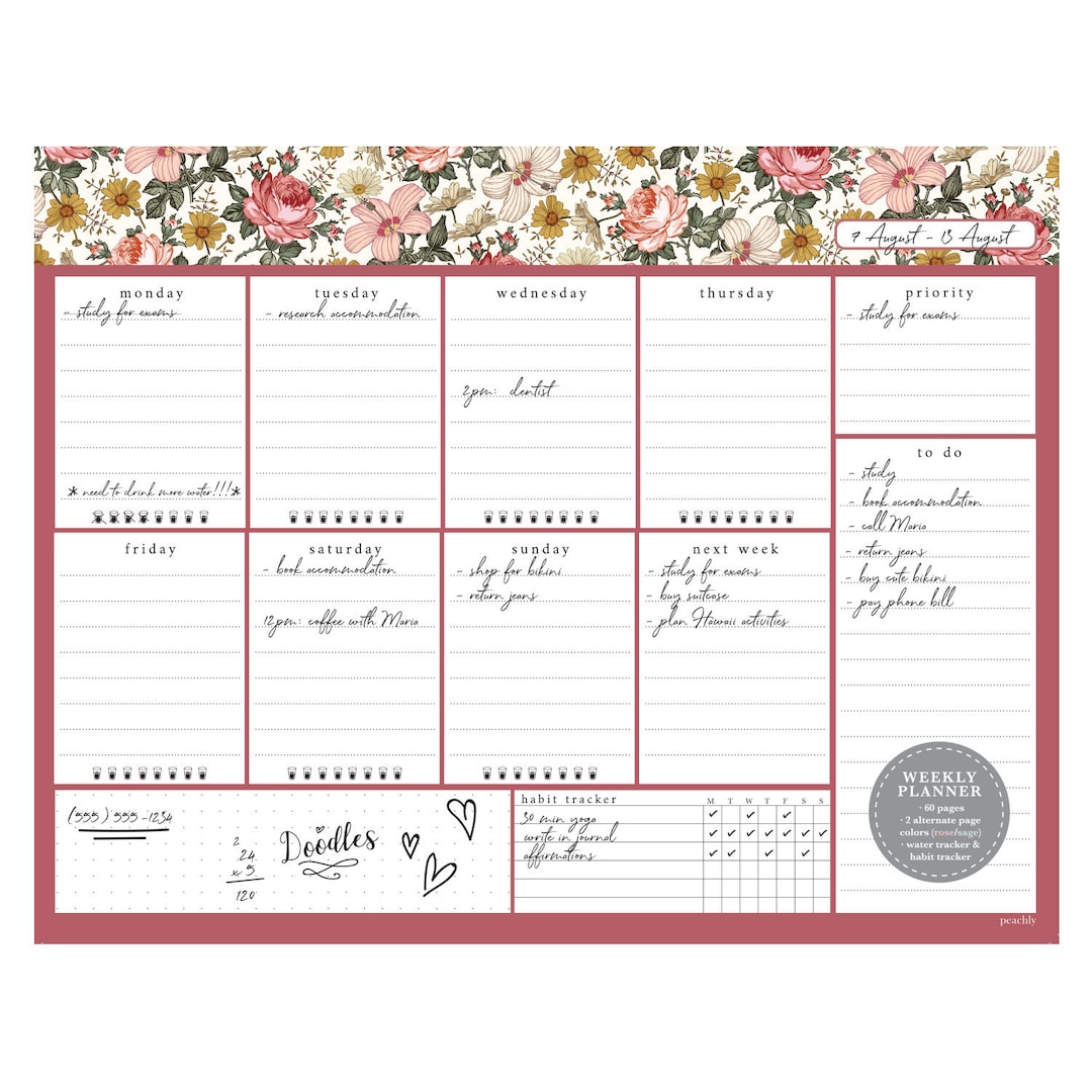 Desktop Weekly Planner Notepad 8.5x11" - 60 Undated Tear-off Pages | to ...