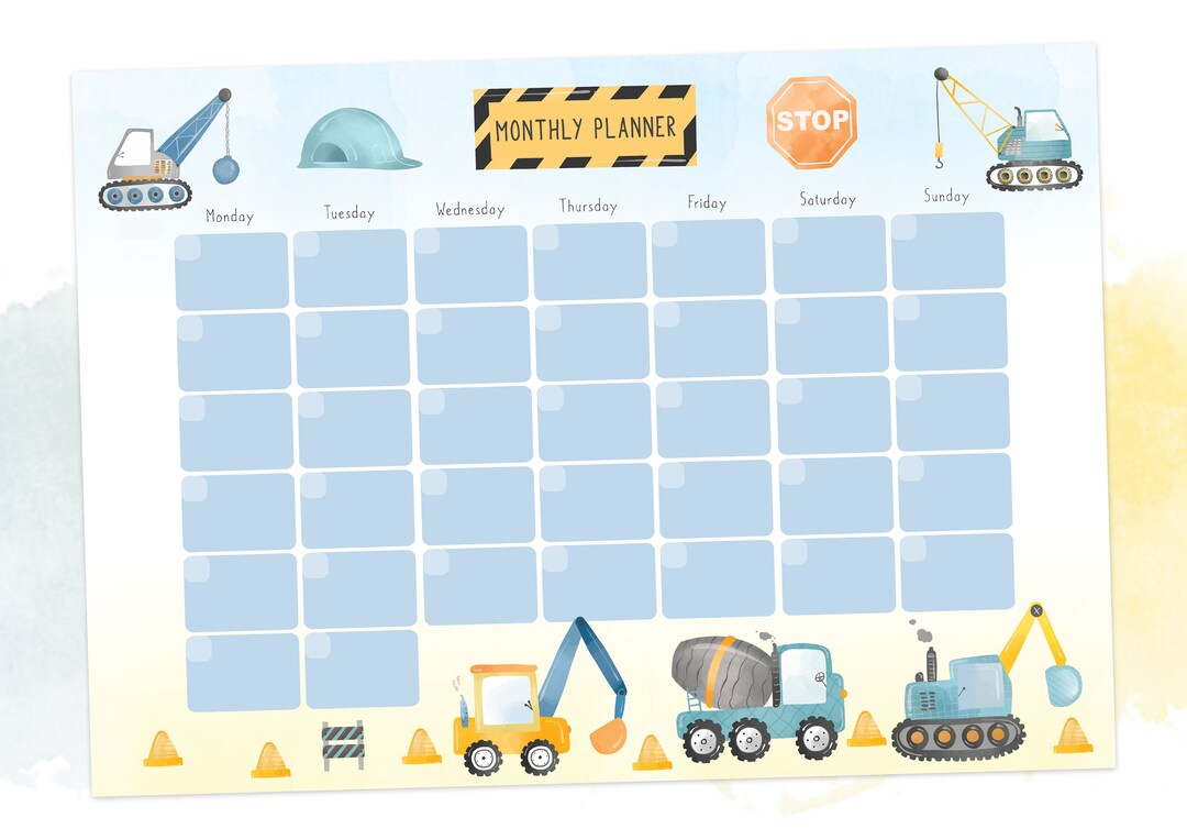 Digger Monthly Planner Calendar Digital Download Printable Children's ...