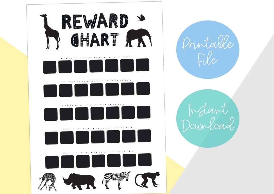 Childrens Reward Chart Digital Download Printable Monochrome Animal ...