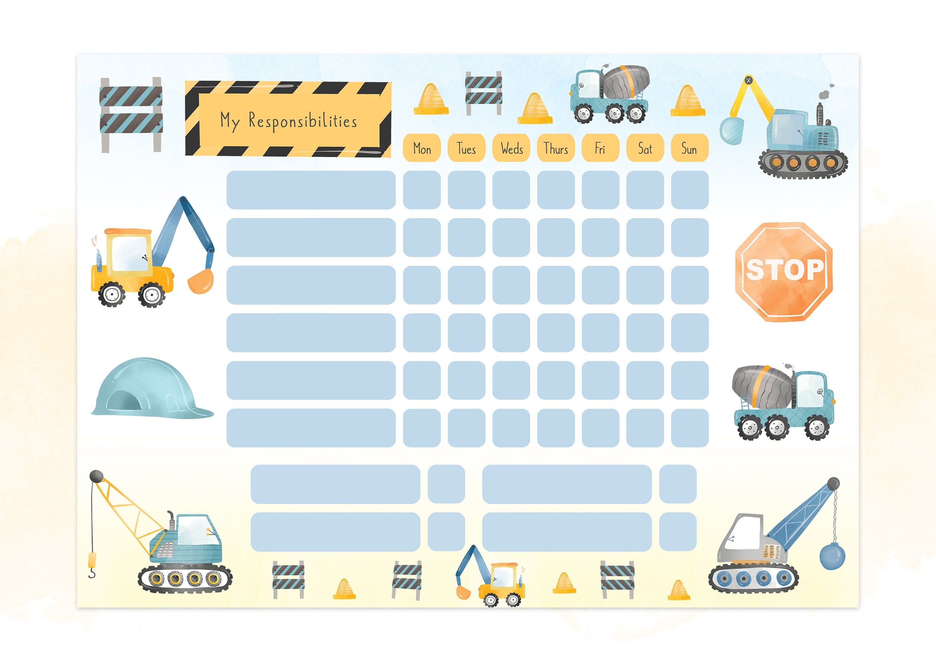 Digger Weekly Chore Chart Digital Download Printable - Etsy