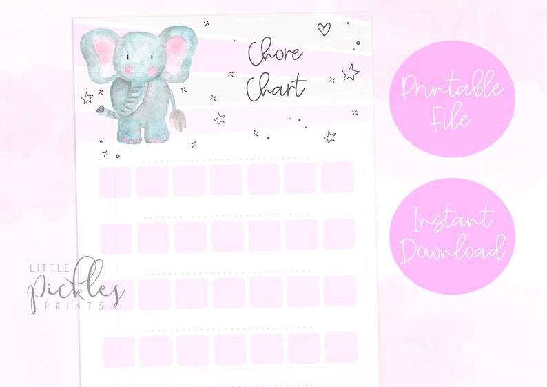 Elephant Chore Chart Digital Download Girls Chore Chart Child's Chore ...