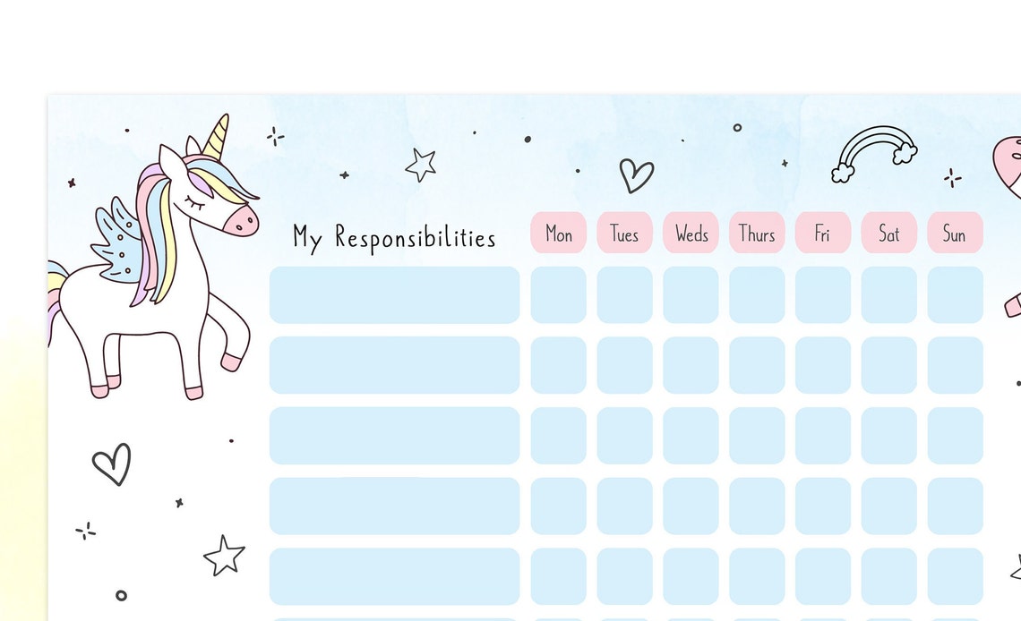 Unicorn Weekly Chore Chart Digital Download Printable Reward Chart ...