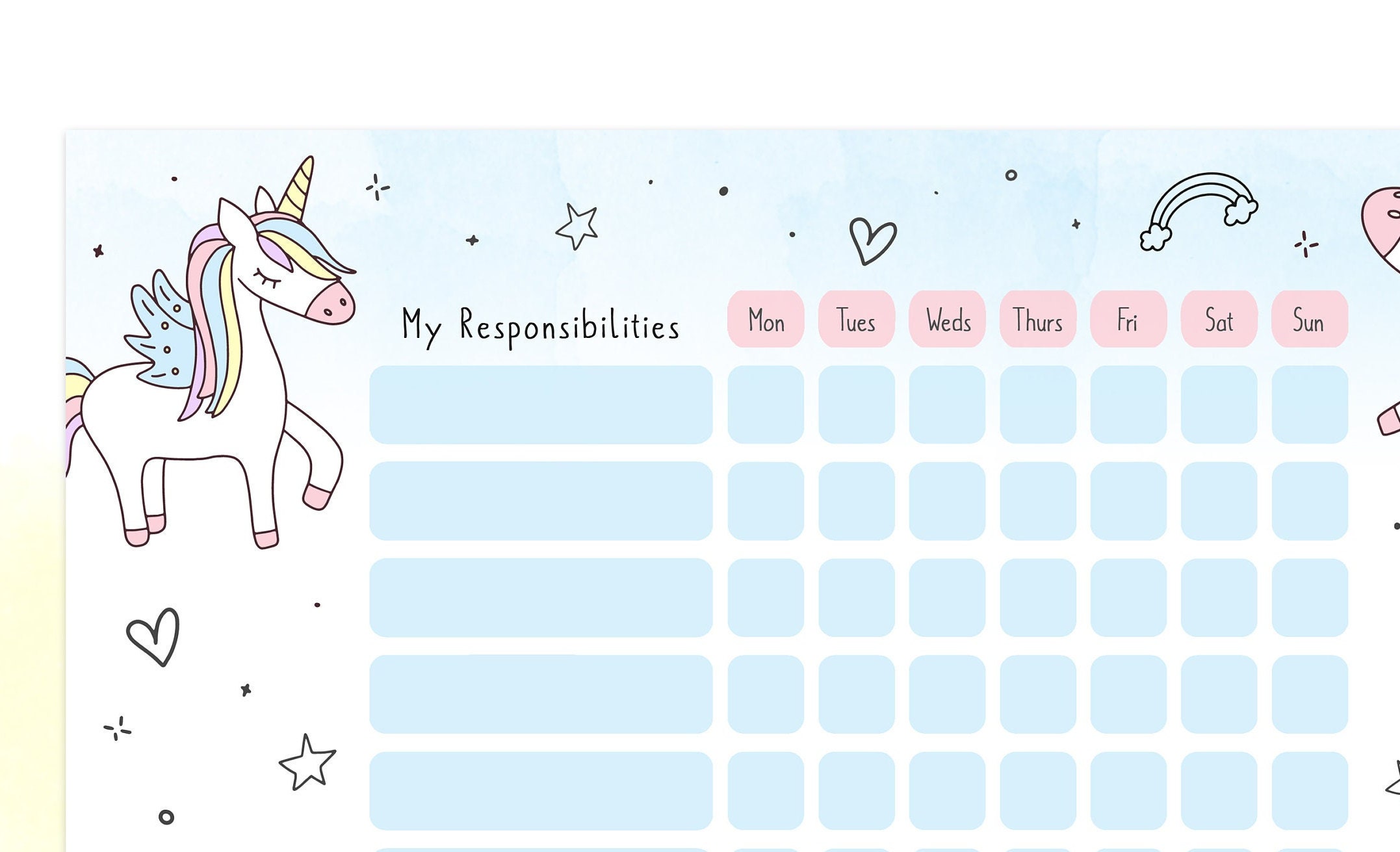 Unicorn Weekly Chore Chart Digital Download Printable Reward Chart ...