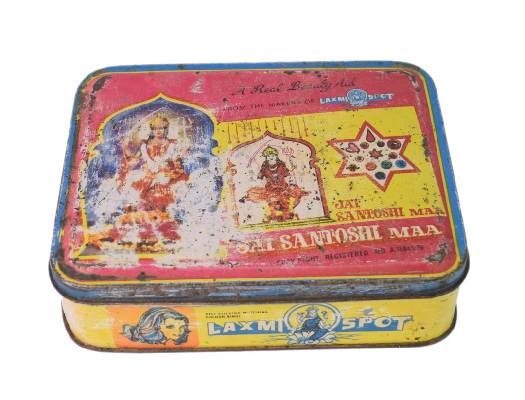 Antique JAI SANTOSHI MAA Bindi Advertisement Litho Tin Box Old Indian ...