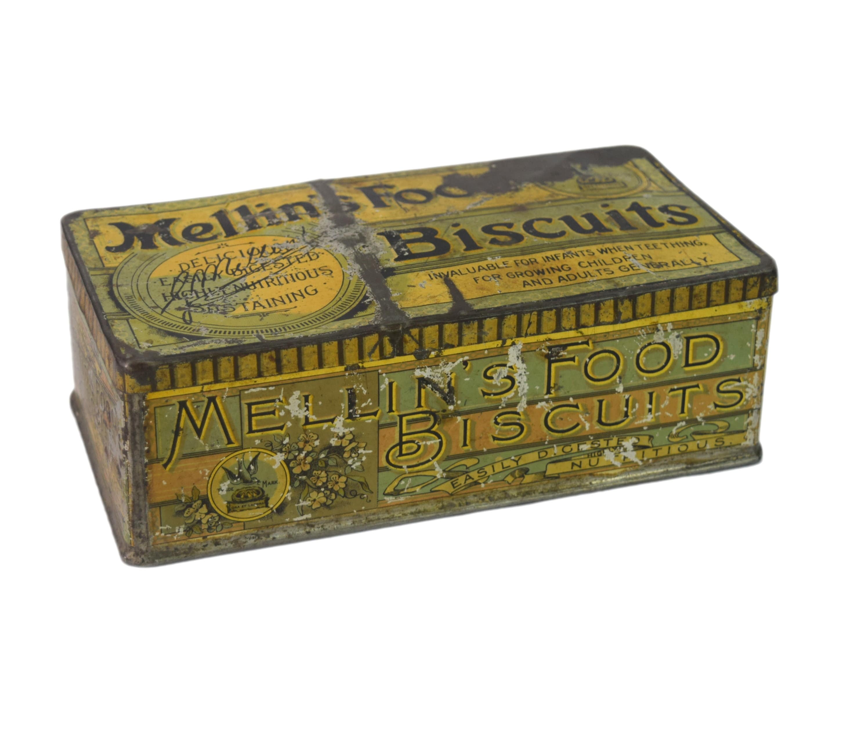 Rustic Rare Tin Box Made in England Mellins Food Biscuits Advertising ...