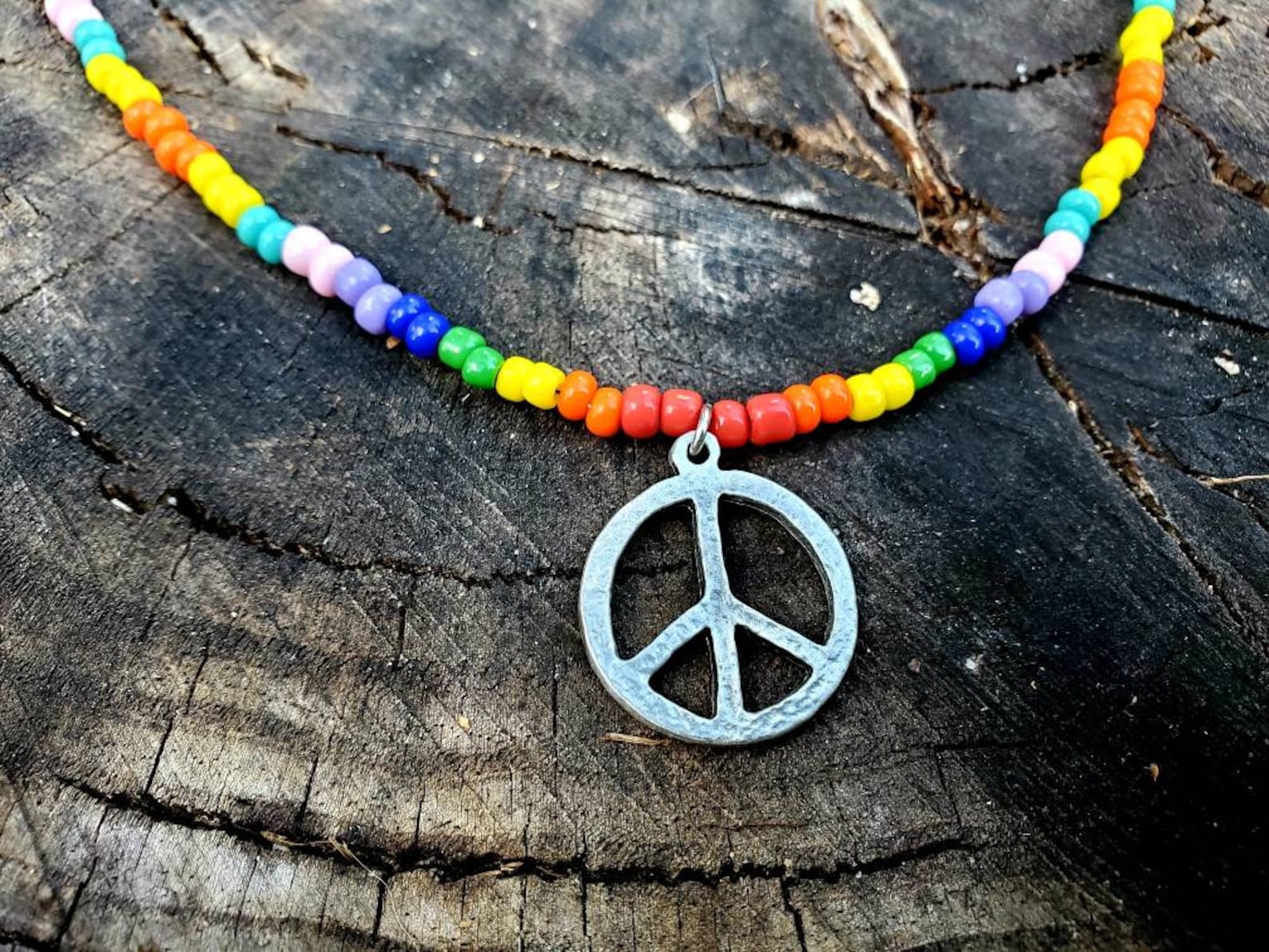 Handmade Beaded Hippie Peace Sign Necklace Bohemian Beach | Etsy