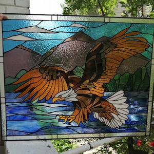 Bald Eagle Stained Glass Panel American Eagle in Flight Bird Suncatcher ...