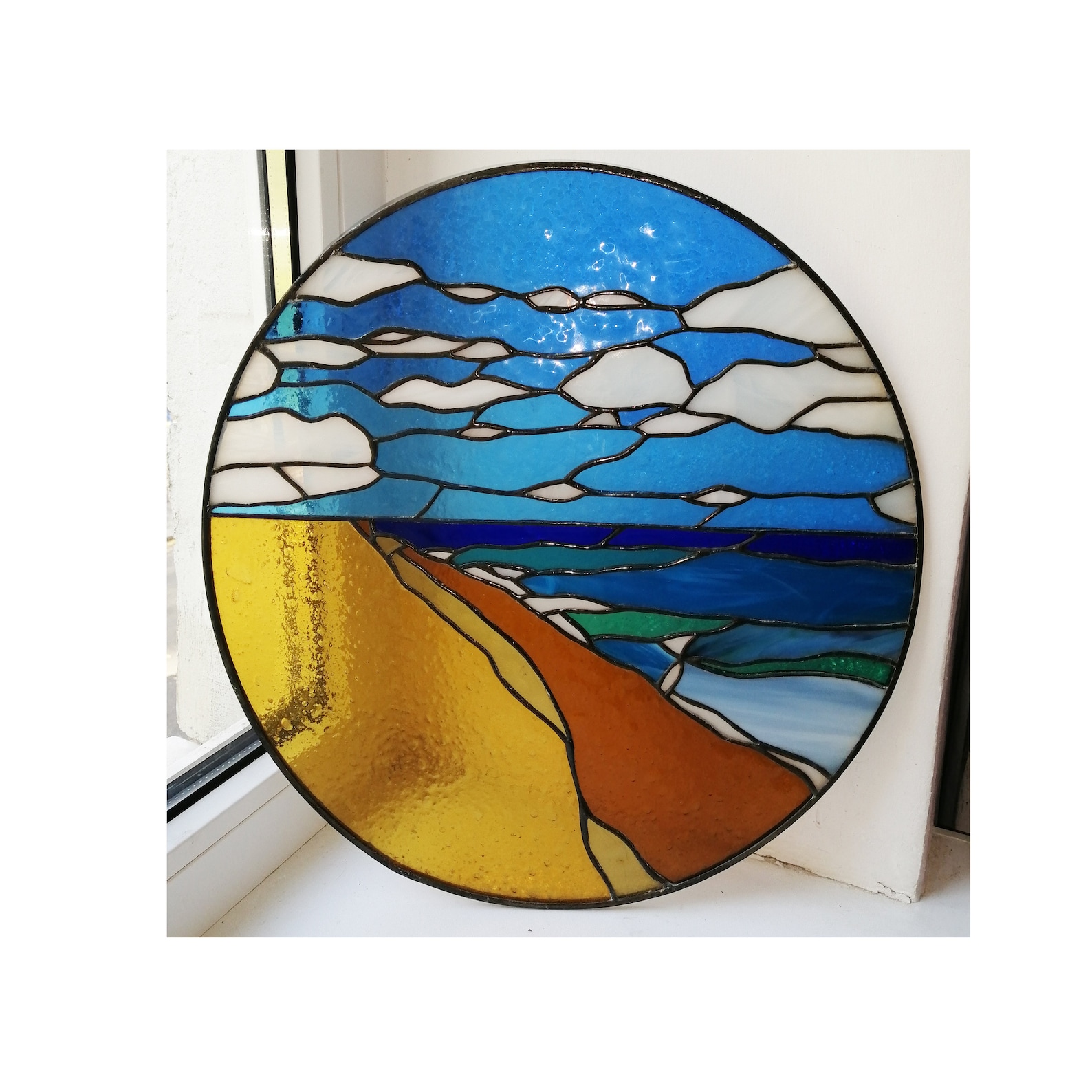 Seaside Ocean Beach Landscape Stained Glass Panel Suncatcher | Etsy