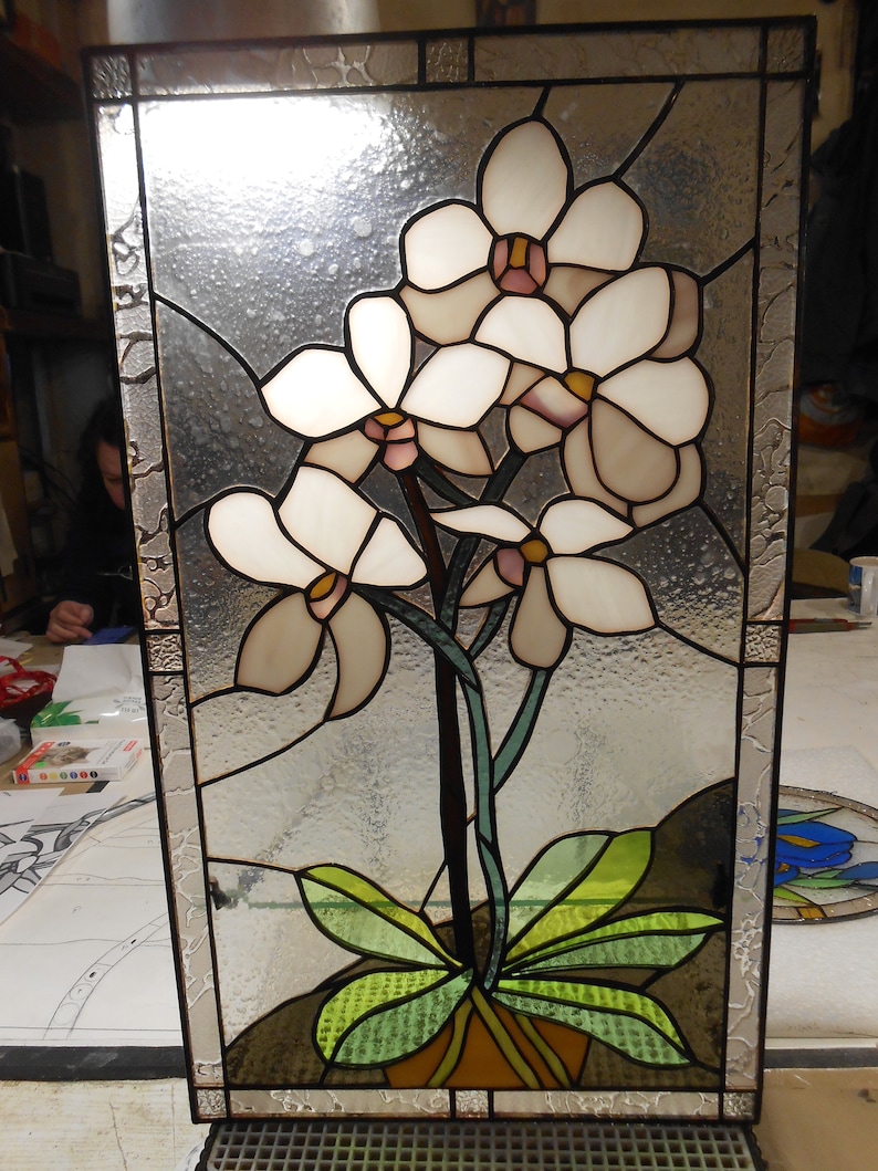 White Orchid Flower Stained Glass Panel Suncatcher | Etsy