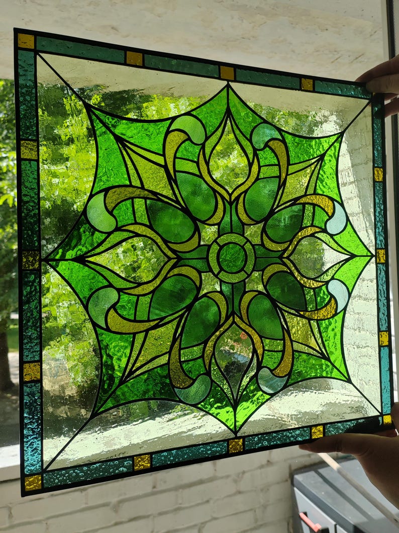 Square Geometric Green Stained Glass Window Hanging Panel Suncatcher - Etsy