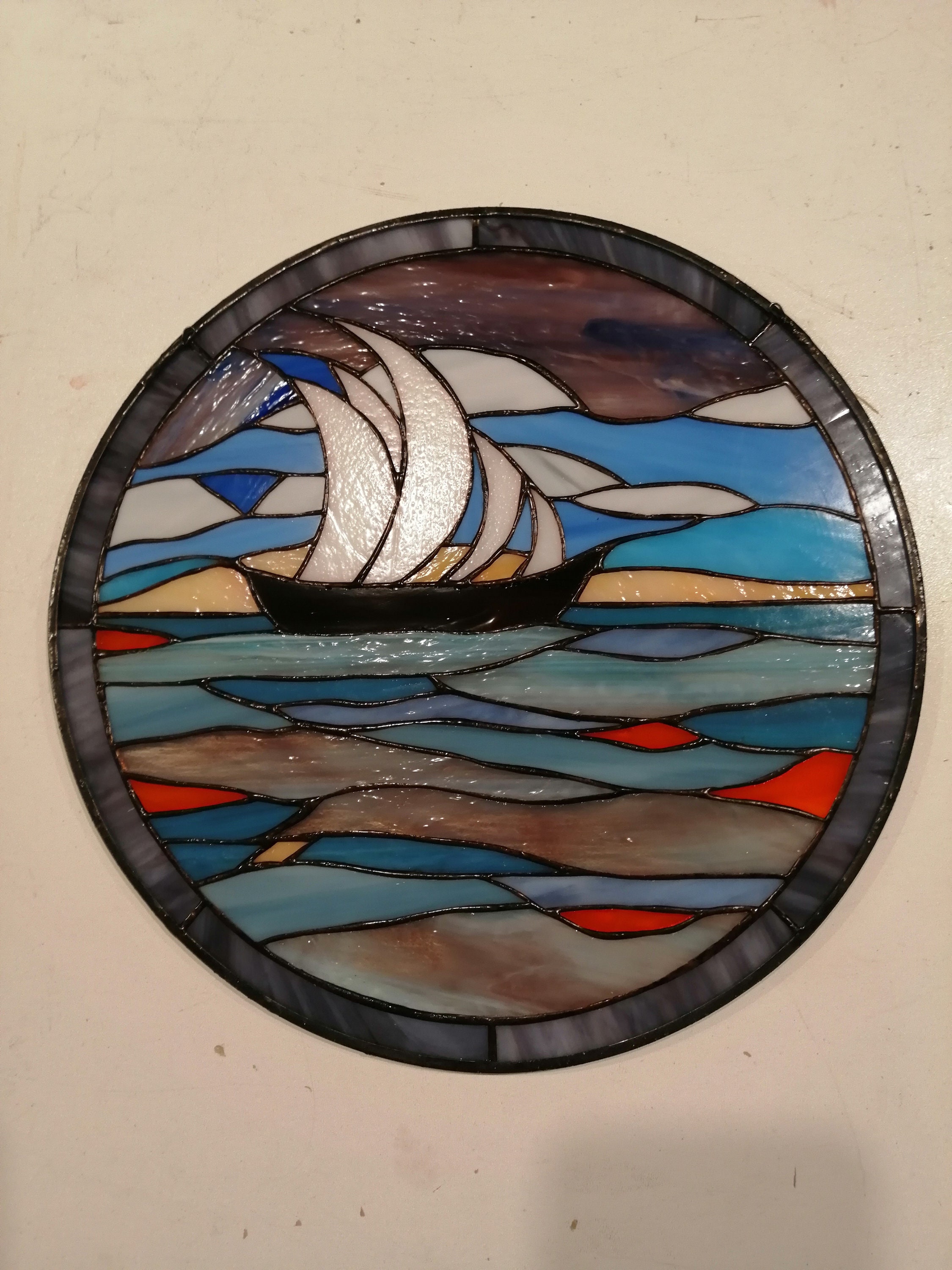 Sailboat Ship Stained Glass Panel Suncatcher | Etsy